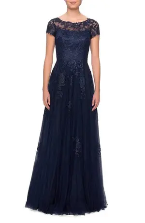 La Femme Beaded Lace Rhinestone A-line Gown - Navy