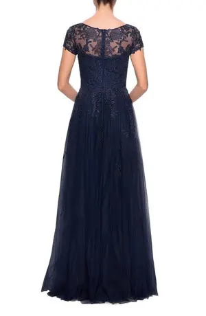 La Femme Beaded Lace Rhinestone A-line Gown - Navy