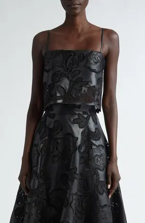 Johanna Ortiz Seduccion Lunar Embroidered Eyelet Faux Leather Crop Camisole - Black