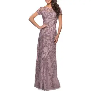 La Femme Floral Beaded Evening Dress - Dusty Lilac