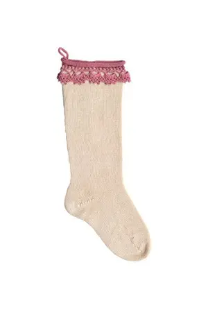 MELANGE COLLECTION Knit Stocking With Crochet Trim - Ivory