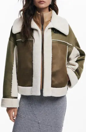 DESIGUAL Desigual Edimurgo Faux Shearling Jacket With Faux Leather Bib