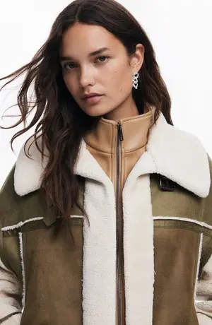 Desigual Edimurgo Faux Shearling Jacket With Faux Leather Bib