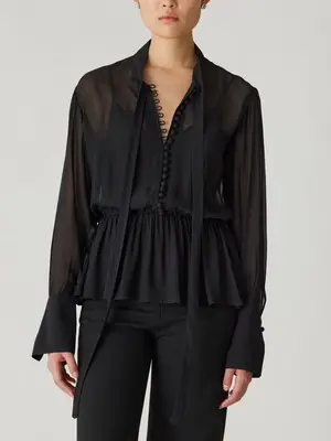 Rebecca Taylor Covered Button Tie Front Blouse - Black