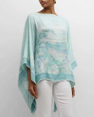 Rani Arabella Eden Printed Cashmere-Blend Poncho - Aqua