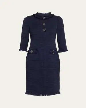 Rickie Freeman For Teri Jon Fringe-trim Boucle Dress - Navy