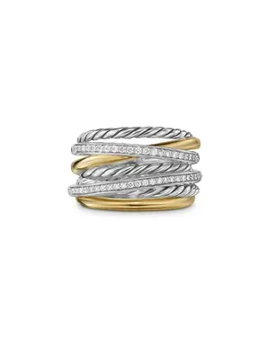 David Yurman Crossover Ring In Sterling Silver, 18k Yellow Gold & Diamonds
