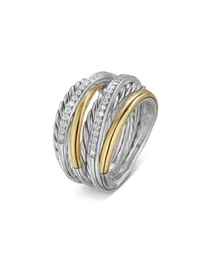 David Yurman Crossover Ring In Sterling Silver, 18k Yellow Gold & Diamonds