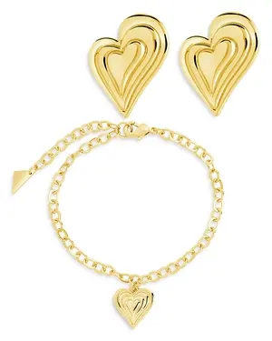 Sterling Forever Beating Hearts Bracelet And Stud Earrings Set - Gold