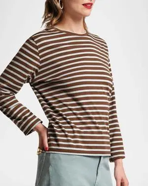FRANCES VALENTINE Striped Crewneck Pima Cotton Top - Chocolate/light Blue