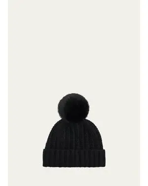 Sofia Cashmere Braided Knit Cashmere Beanie With Faux Fur Pom - Solid Black
