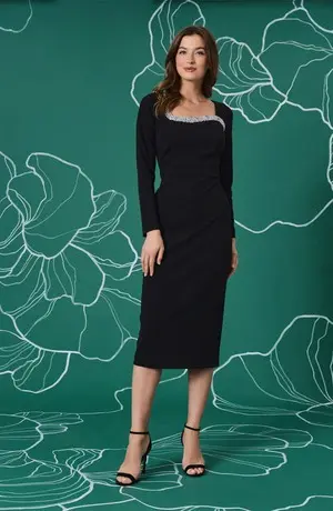 Maggy London Beaded Long Sleeve Midi Dress