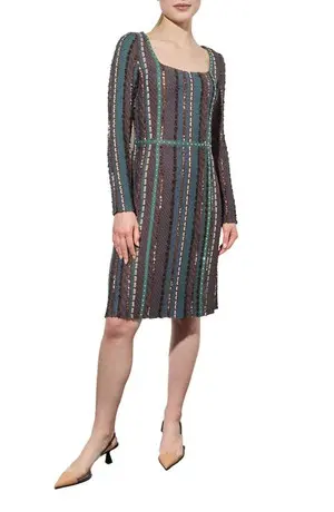 Ming Wang Multistitch Fringe-trim Knit A-line Dress