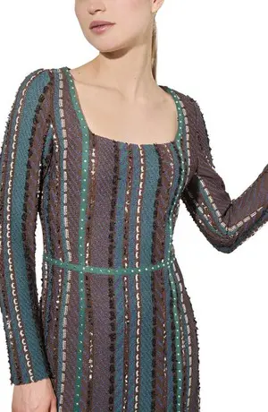 Ming Wang Multistitch Fringe-trim Knit A-line Dress