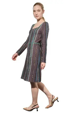 Ming Wang Multistitch Fringe-trim Knit A-line Dress