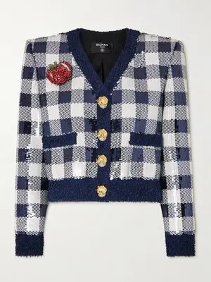 Balmain Cropped Embellished Checked Tweed Jacket - Blue