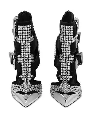 Philipp Plein Suede Embellished Skull High Heel Sandals - Silver