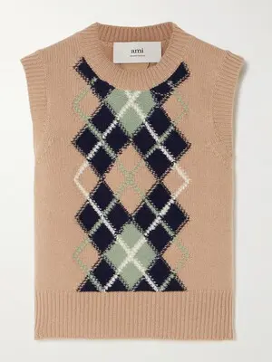 AMI Paris Argyle Jacquard-knit Wool And Cashmere-blend Vest - Neutrals