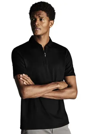 CHARLES TYRWHITT Plain Short Sleeve Zip Jersey Polo - Black