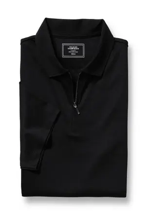 CHARLES TYRWHITT Plain Short Sleeve Zip Jersey Polo - Black