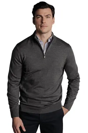 CHARLES TYRWHITT Pure Merino Zip Neck Sweater - Grey