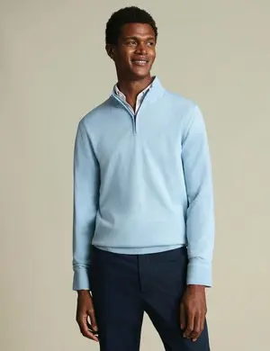 CHARLES TYRWHITT Pure Merino Zip Neck Sweater - Ice Blue