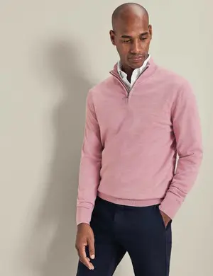 CHARLES TYRWHITT Pure Merino Zip Neck Sweater - Pink