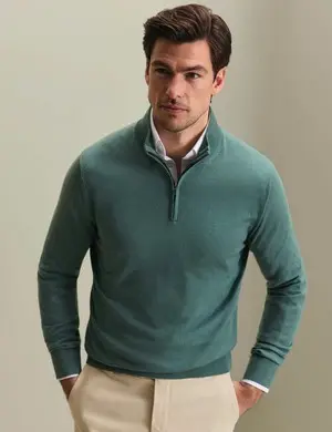 CHARLES TYRWHITT Pure Merino Zip Neck Sweater - Teal Green