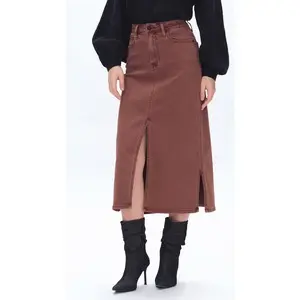 BAYEAS Lila Slit Hem Denim Midi Skirt - Cappuccino