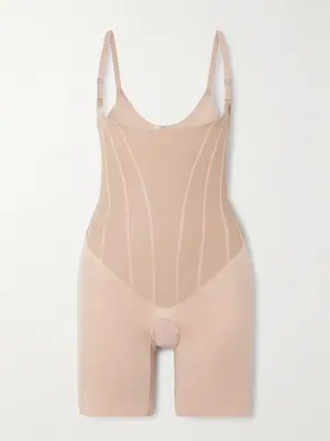 Spanx Spanxsupersculpt Totalcontour Open-bust Mid-thigh Bodysuit - Neutrals