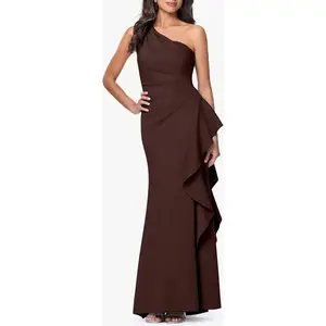 XSCAPE EVENINGS One-shoulder Ruffle Scuba Crepe Gown - Brown