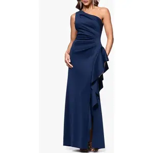 XSCAPE EVENINGS One-shoulder Ruffle Scuba Crepe Gown - Midnight