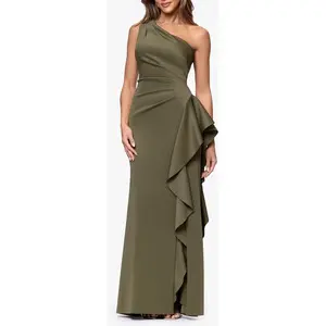 XSCAPE EVENINGS Xscape Evenings One-Shoulder Ruffle Scuba Crepe Gown Olive