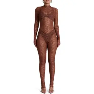 Naked Wardrobe Sheer Lace Stirrup Jumpsuit - Brown Sugar