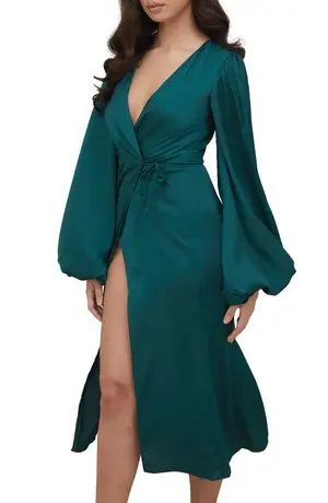 House Of Cb Shiloh Long Sleeve Satin Wrap Dress - Emerald Green |  Editorialist