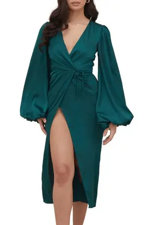 House Of Cb Shiloh Long Sleeve Satin Wrap Dress - Emerald Green |  Editorialist