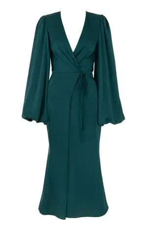 House Of Cb Shiloh Long Sleeve Satin Wrap Dress - Emerald Green |  Editorialist