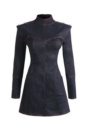 JENDUE Harvey Denim Mini Dress With Mock Neck And Corset Detail
