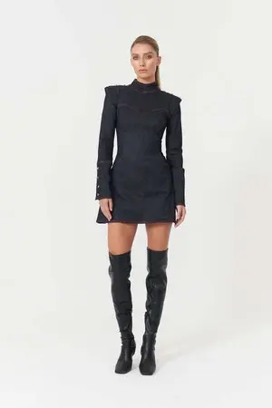 JENDUE Harvey Denim Mini Dress With Mock Neck And Corset Detail