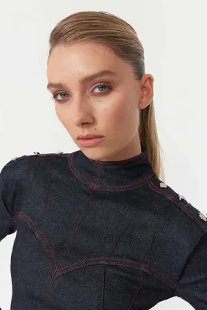 JENDUE Harvey Denim Mini Dress With Mock Neck And Corset Detail