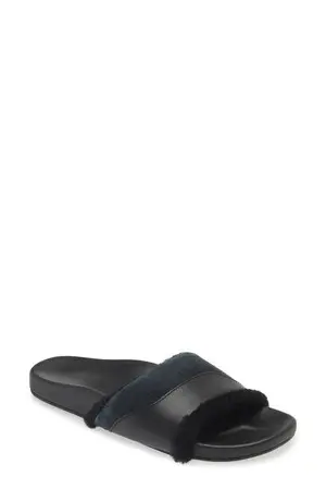 Olukai Hō‘ala Shearling Slide Sandal - Black/ Black