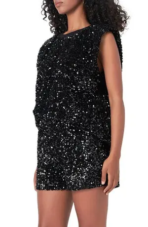 Endless Rose Sequin Padded Shoulder Velvet Top - Black