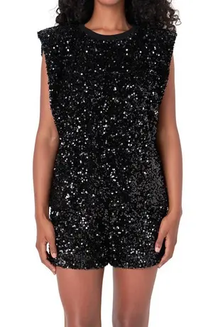 Endless Rose Sequin Padded Shoulder Velvet Top - Black