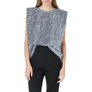 Endless Rose Sequin Padded Shoulder Velvet Top - Grey
