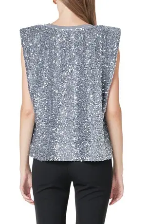 Endless Rose Sequin Padded Shoulder Velvet Top - Grey