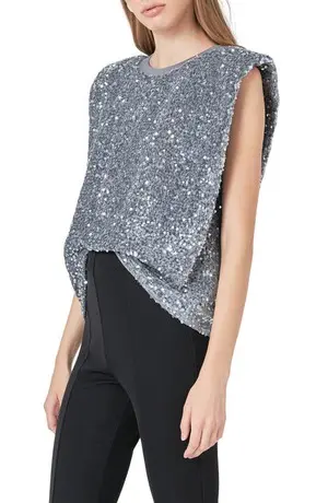 Endless Rose Sequin Padded Shoulder Velvet Top - Grey