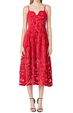 Endless Rose Velvet Lace Midi Dress - Red