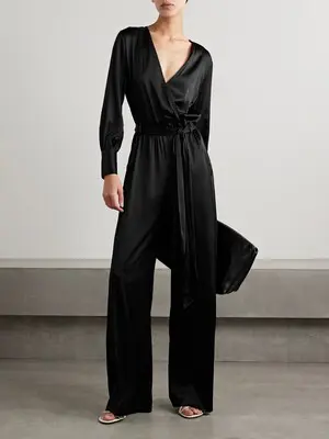 RIVET UTILITY The Partier Belted Silk-blend Satin Jumpsuit