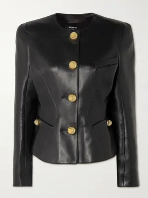 Balmain Paneled Embellished Leather Peplum Jacket - Black
