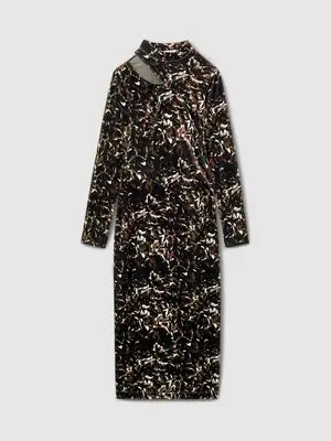 REISS Sonya Cut Out Abstract Print Velvet Midi Dress